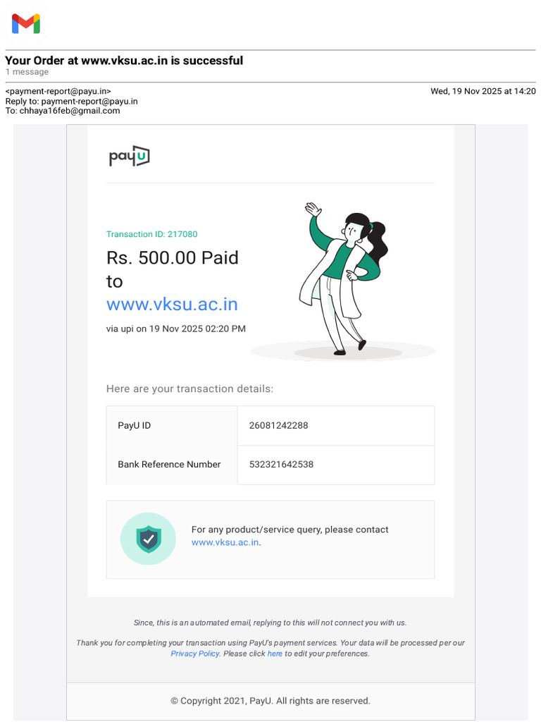 Gmail - Your Order at Www.vksu.Ac.in is Successful (1) | PDF