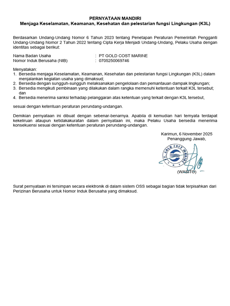 Pernyataan K3L PT Gold Cost Marine | PDF