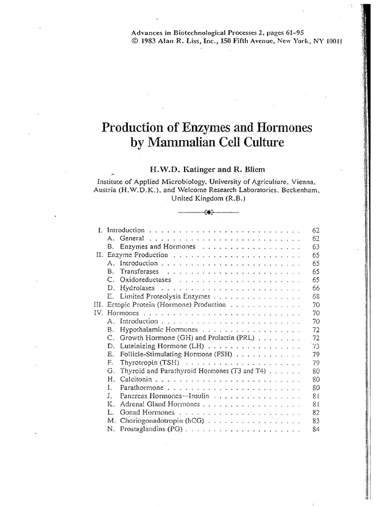 Production of Enzymes and Hormones by Mammalian Cell Culture | PDF