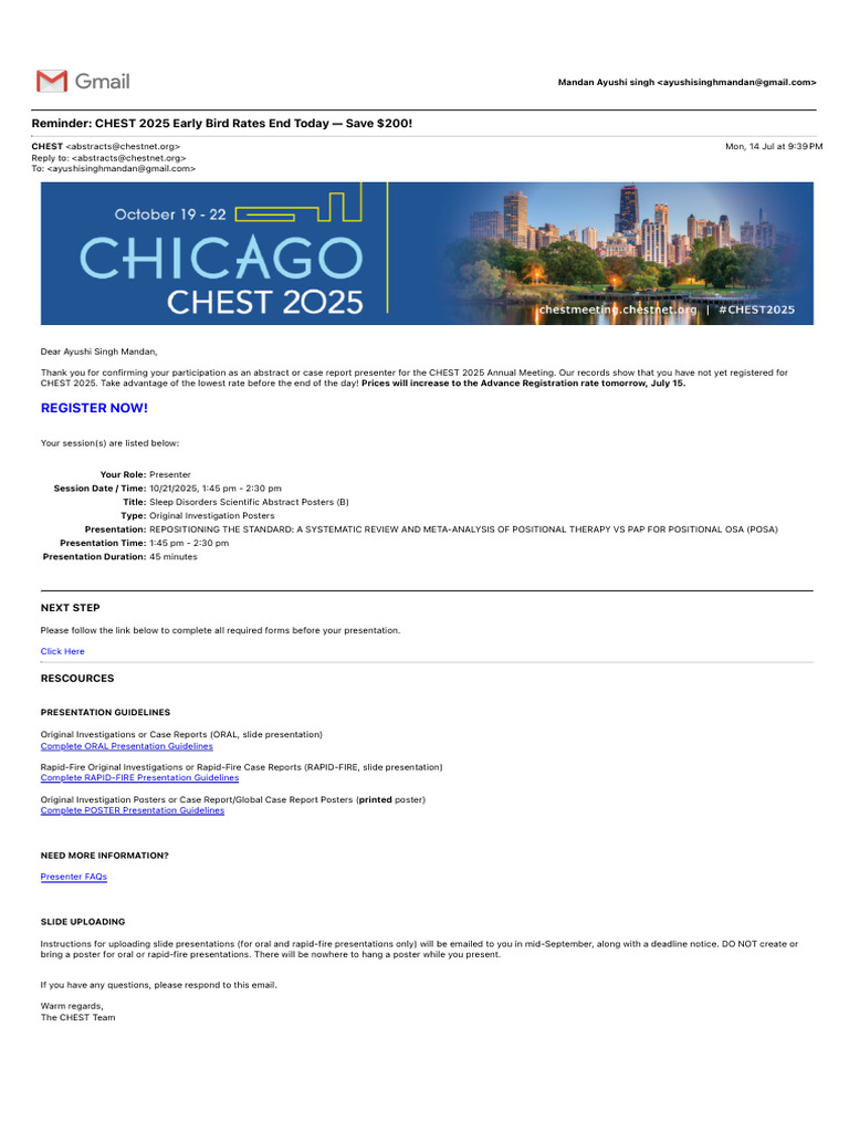 Reminder- CHEST 2025 Early Bird Rates End Today — Save $200! | PDF