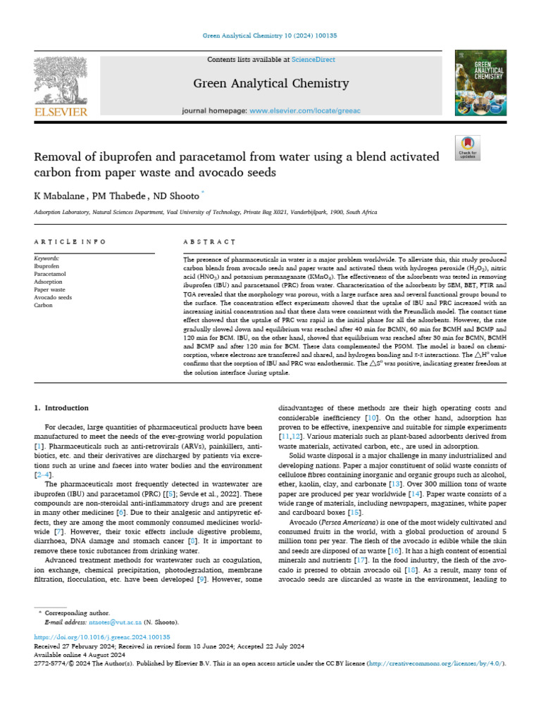 Removal of Ibuprofen and Paracetamol From Water Using A B 2024 Green ...