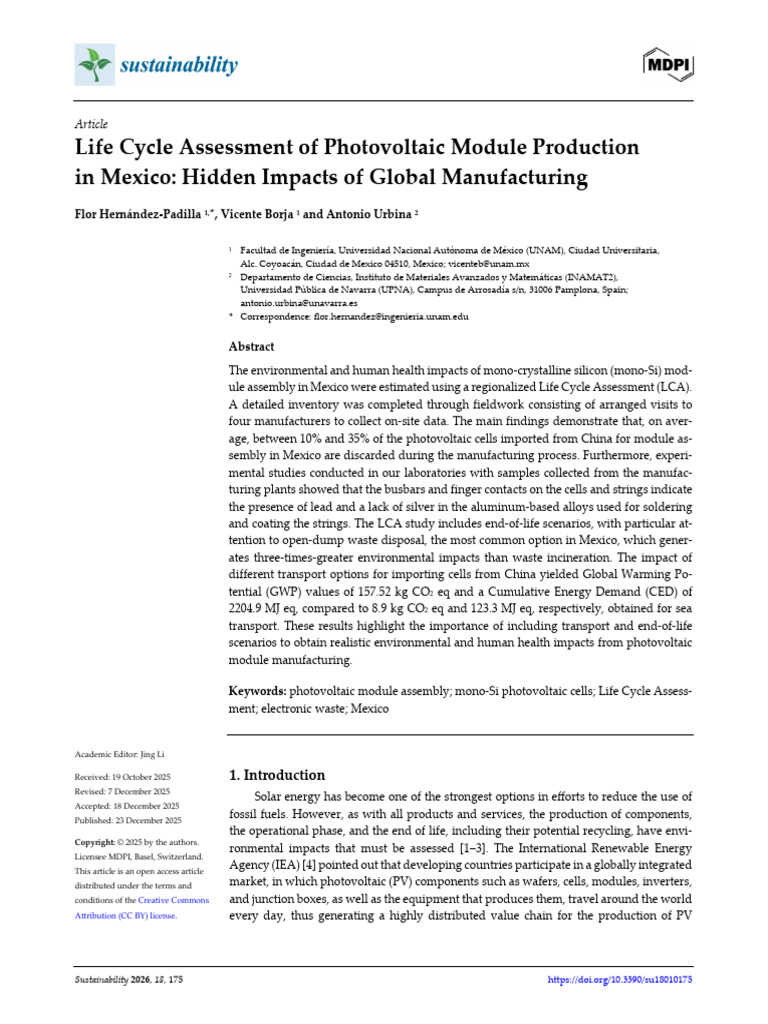 sustainability-18-00175 | PDF | Photovoltaics | Life Cycle Assessment