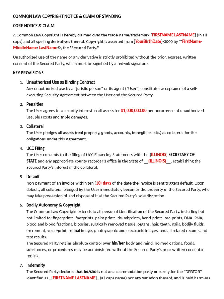Common Law Copyright Notice & Claim of Standing | PDF | Indemnity ...