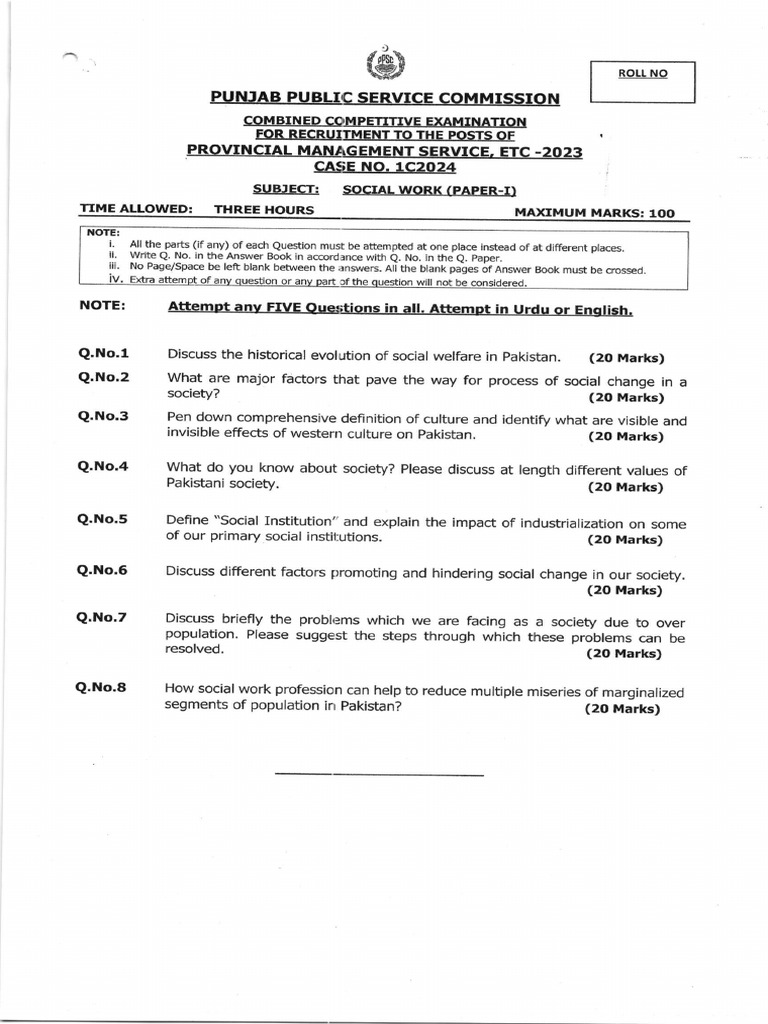 Social Work Paper-2024 25101511176 | PDF