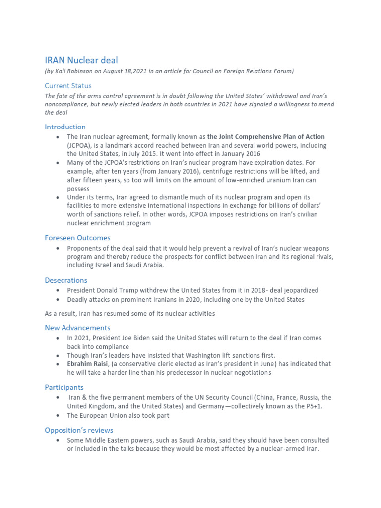 Iran Nuclear Deal: Current Status and Challenges | PDF | Joint ...
