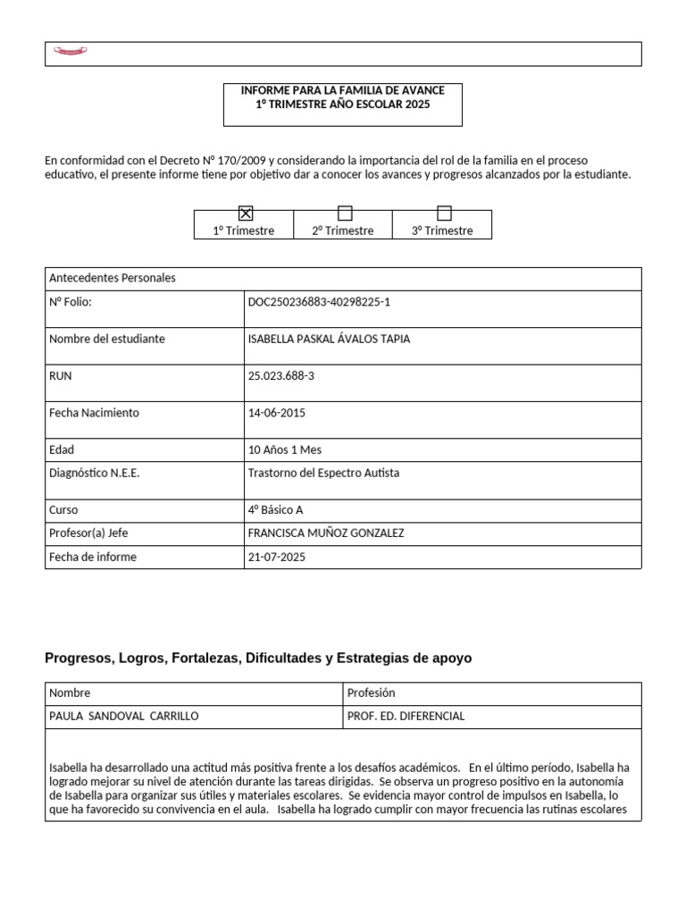 Informe para La Familia de Avance 1° Trimestre ISABELLA ÁVALOS TAPIA 4 ...