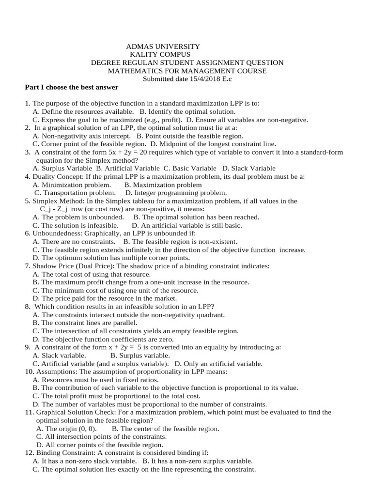Management Mathematics Assignment Questions | PDF | Mathematical ...