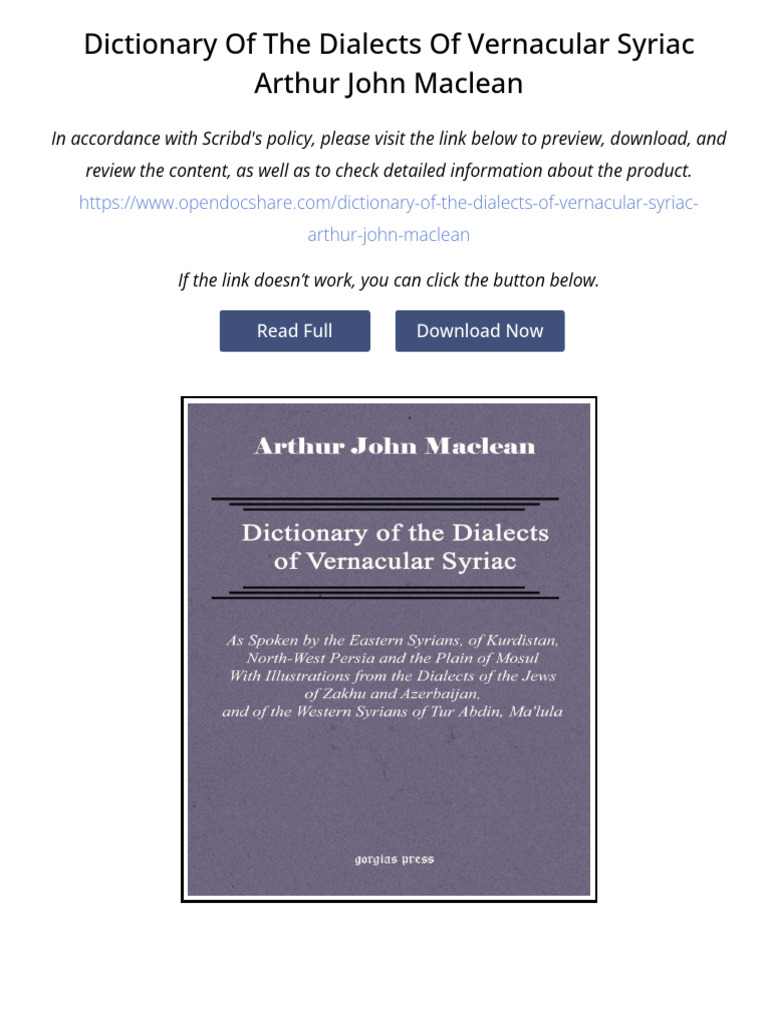 Dictionary of the Dialects of Vernacular Syriac Arthur John Maclean ...
