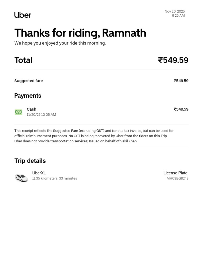UberXL Trip Receipt - Mumbai Ride | PDF