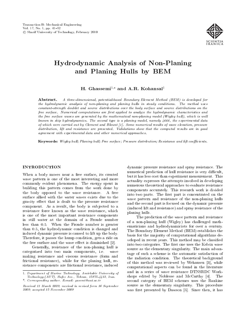 Hydrodynamic Analysis of Non-Planing and Planing Hulls by BEM | PDF ...