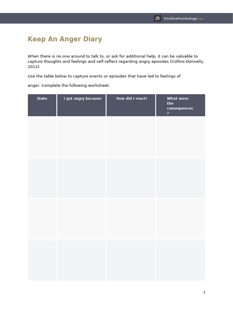 Anger Management Diary Worksheet | PDF