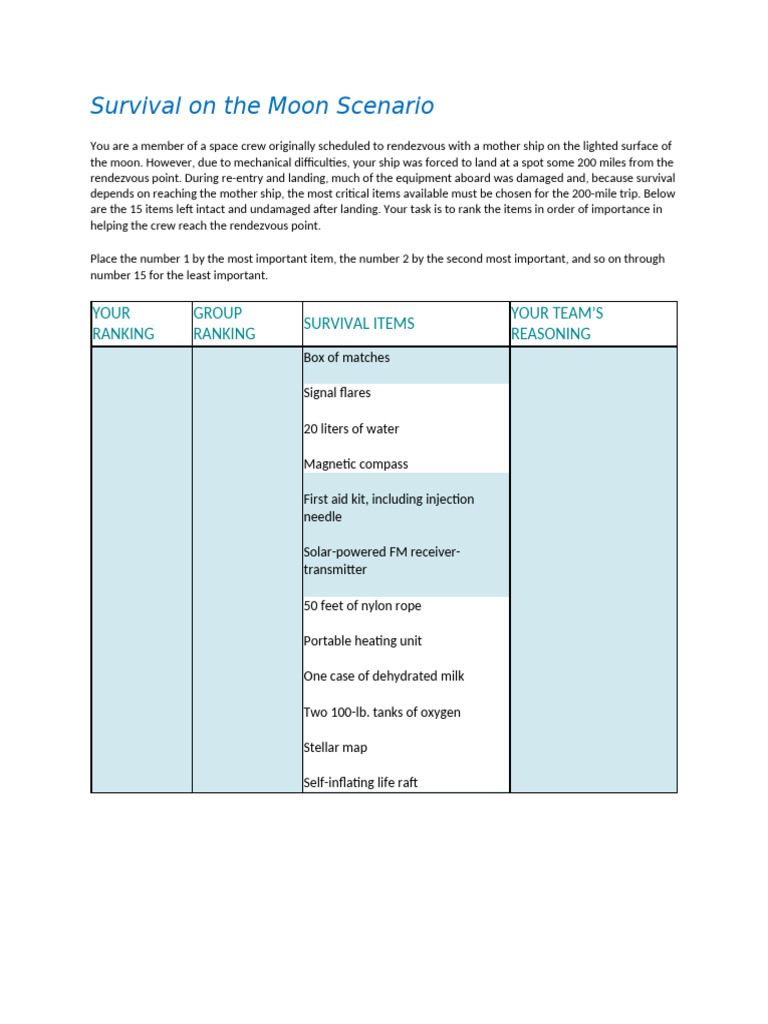 Survival on the Moon Scenario | PDF