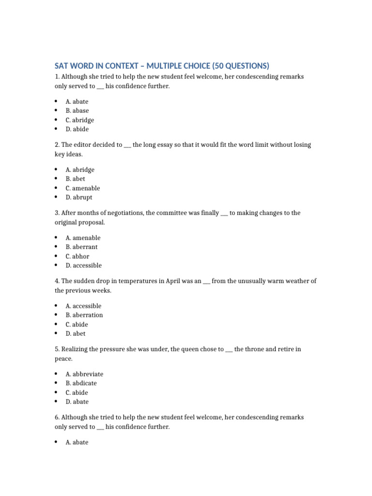 SAT Word in Context 50 Questions | PDF | Chess Theory | Chess