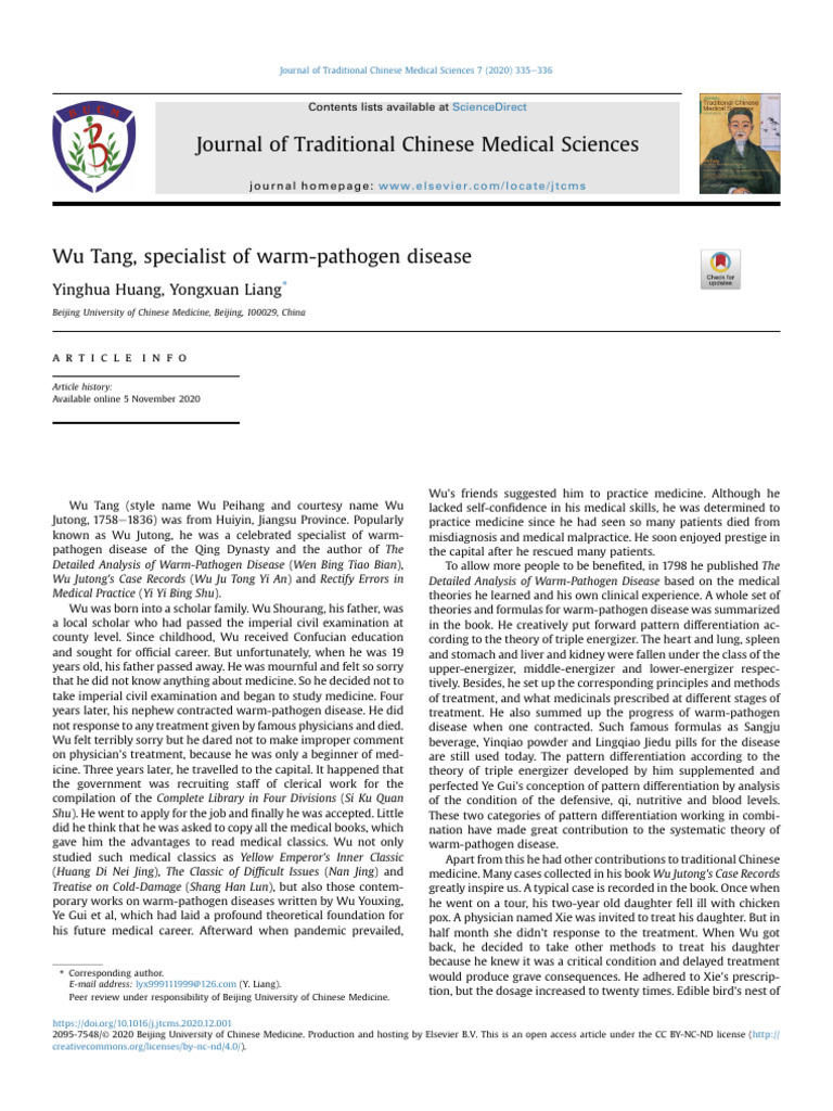 Wu Tang: Pioneer of Warm-Pathogen Medicine | PDF | Traditional Chinese ...