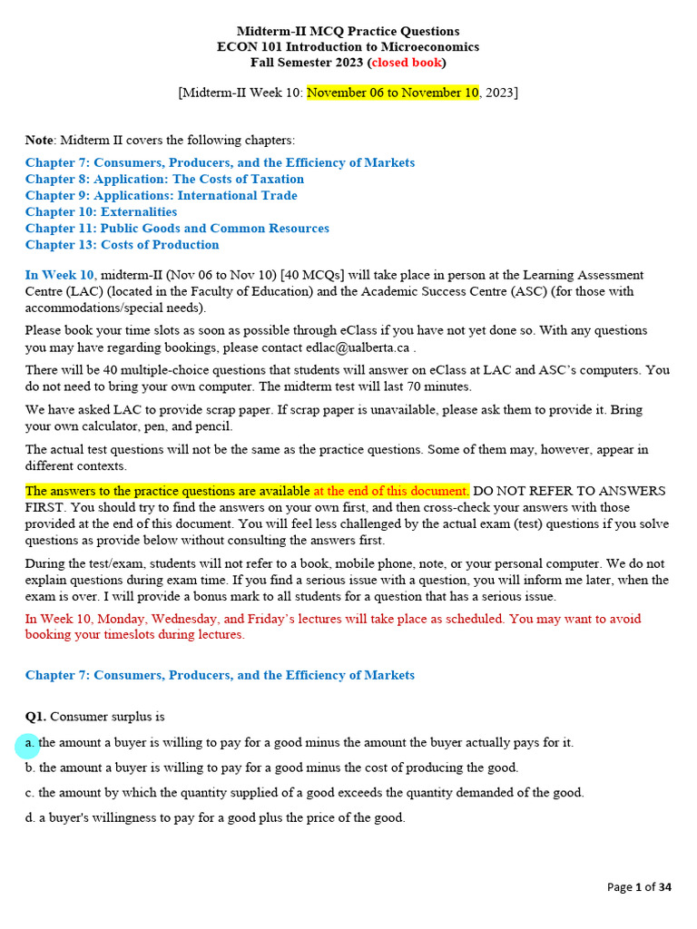 ECON 101 Midterm II MCQ Practice Guide | PDF | Economic Surplus | Economics