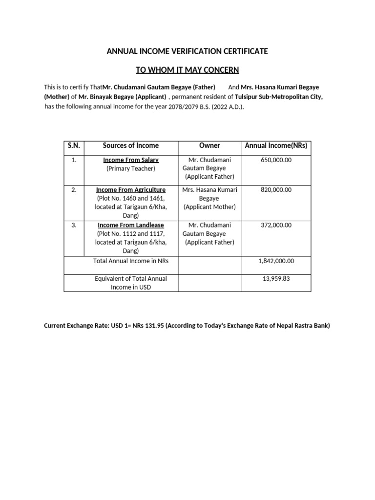 Annual Income Verification Certificate Ward Doc 1 | PDF