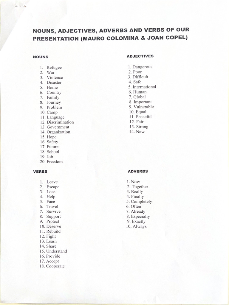 Nouns, Adjectives, Adverbs and Verbs of Our | PDF
