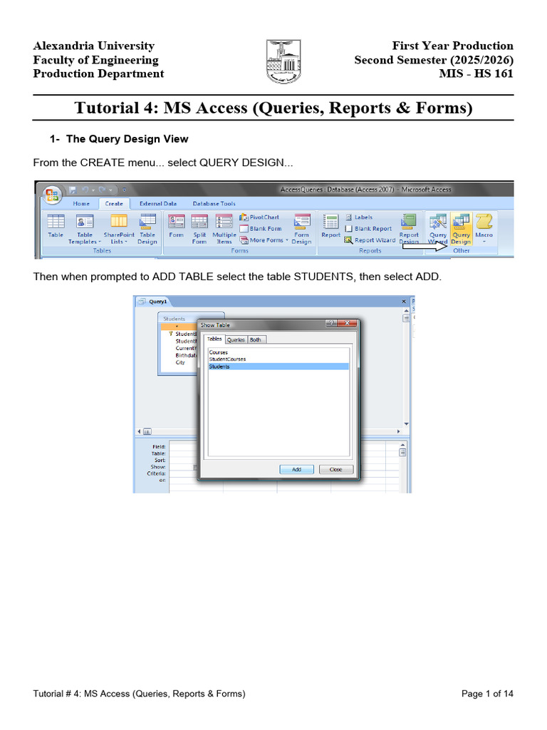 Tutorial 4, MS Access Queries, Reports and Forms | PDF | Microsoft Access | Databases