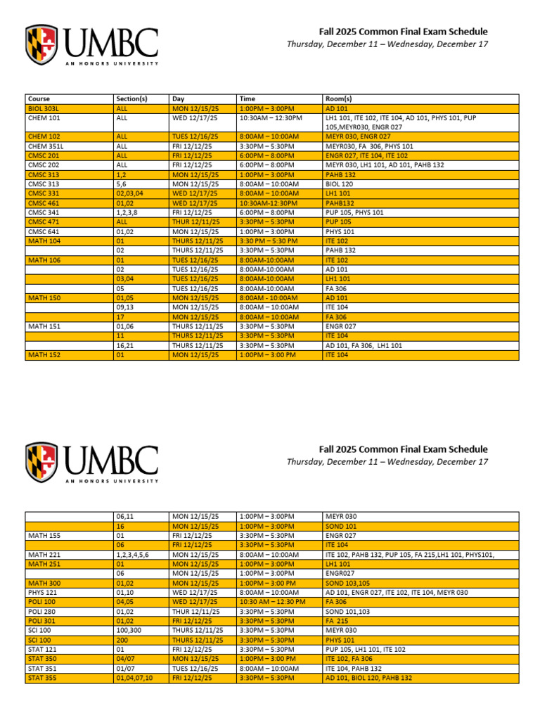 Common Final Exam Schedule Fall 2025 | PDF