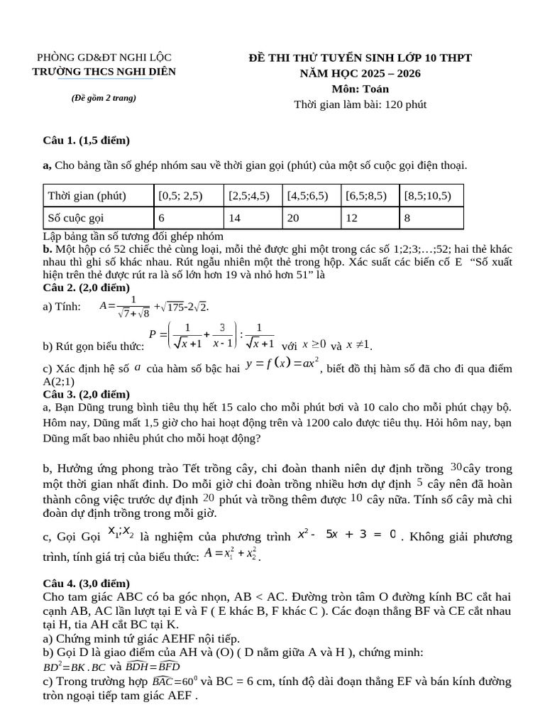 Đề Thi Thử Vào l10 Thpt 2026 _lần 1-Toán (1) | PDF