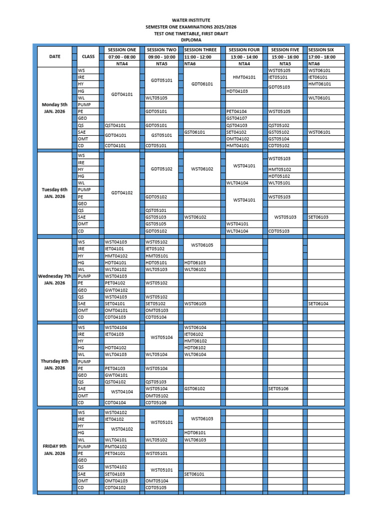 Test 01 Timetable First Draft | PDF