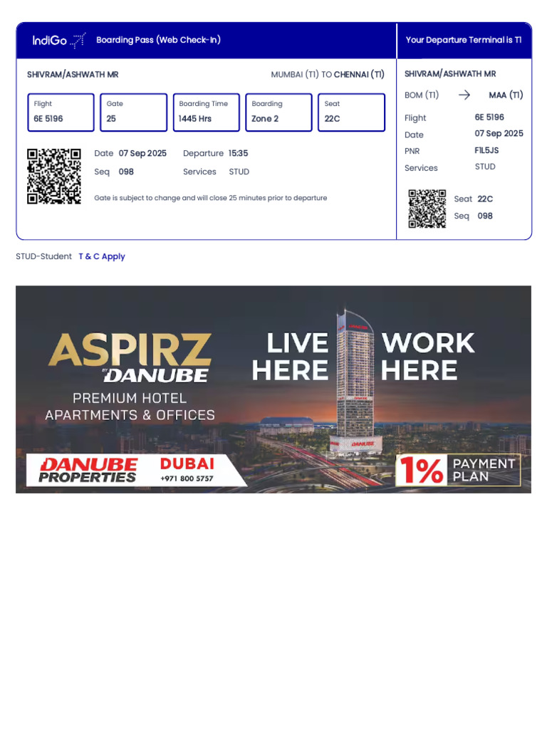 Flight 6E 5196 Boarding Pass Details | PDF