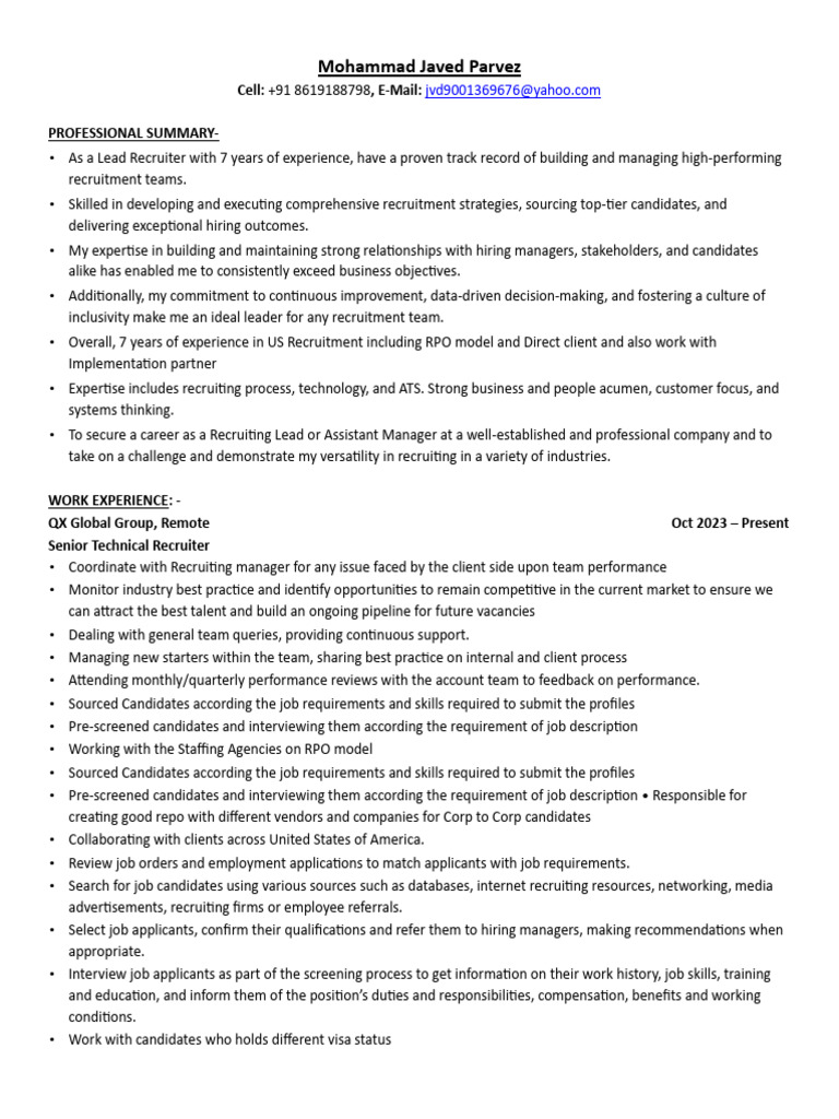 Senior Technical Recruiter Profile | PDF | Recruitment | Business