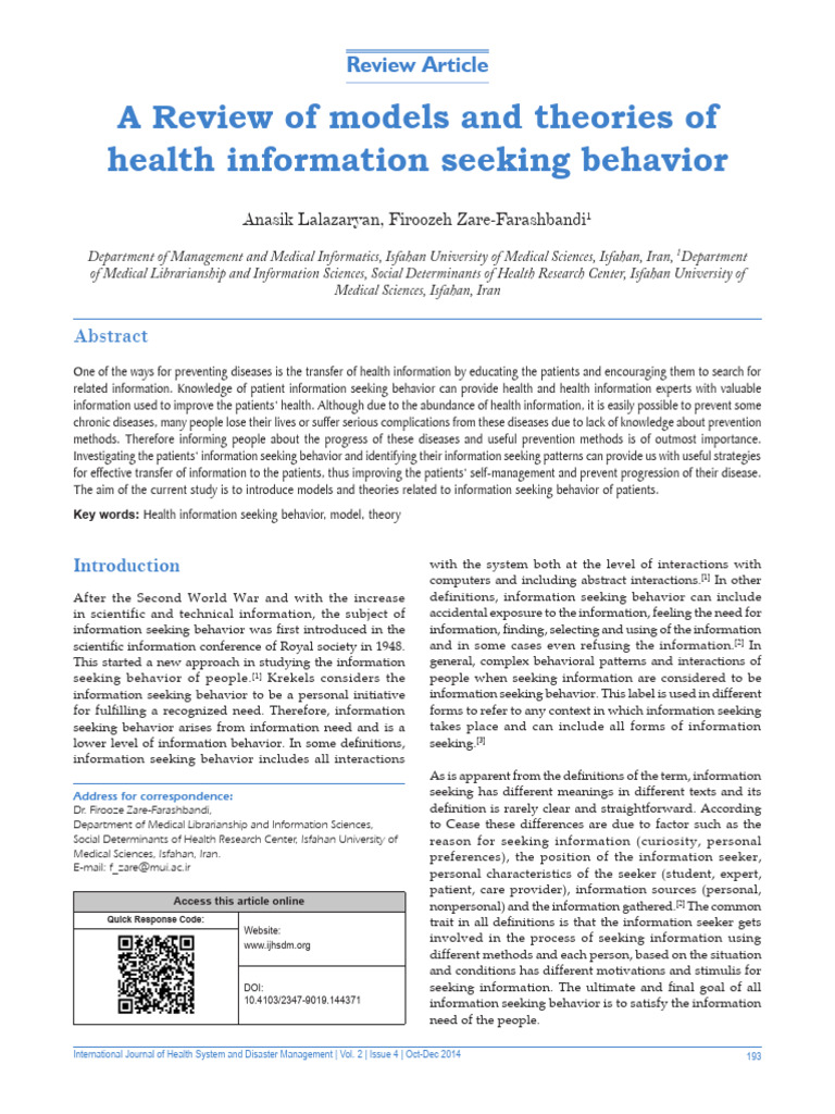 Health Information Seeking Behavior Models | PDF | Behavior | Information