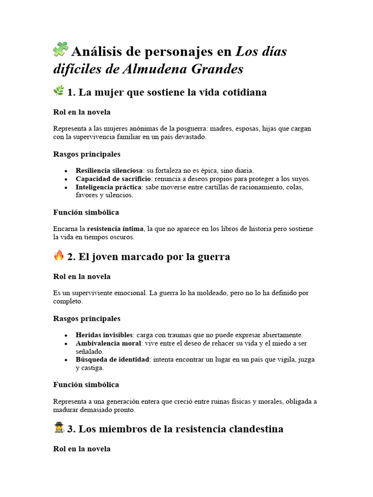 ? Análisis de Personajes en Los Días Difíciles de Almudena Grandes ...