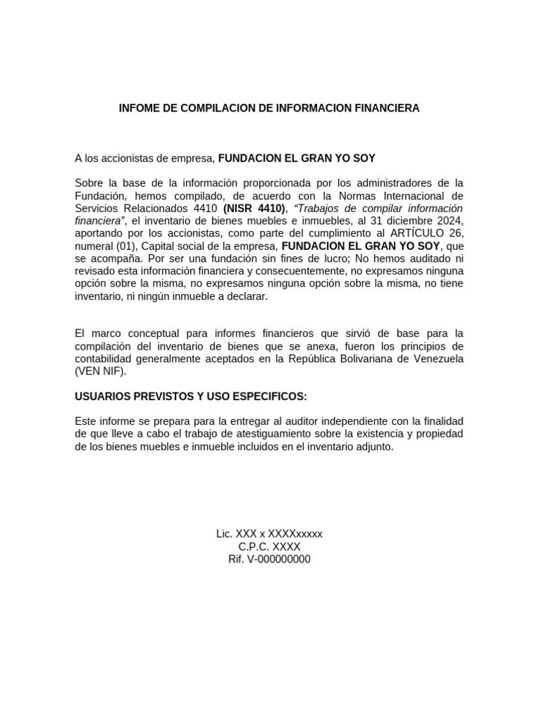 Infome de Compilacion de Informacion Financiera - El Gran Yo Soy | PDF