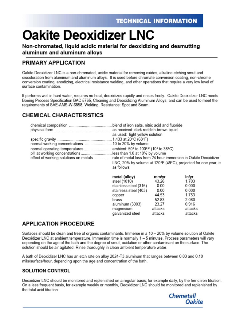 Oakite Deoxidizer LNC for Aluminum Cleaning | PDF | Titration | Chemistry