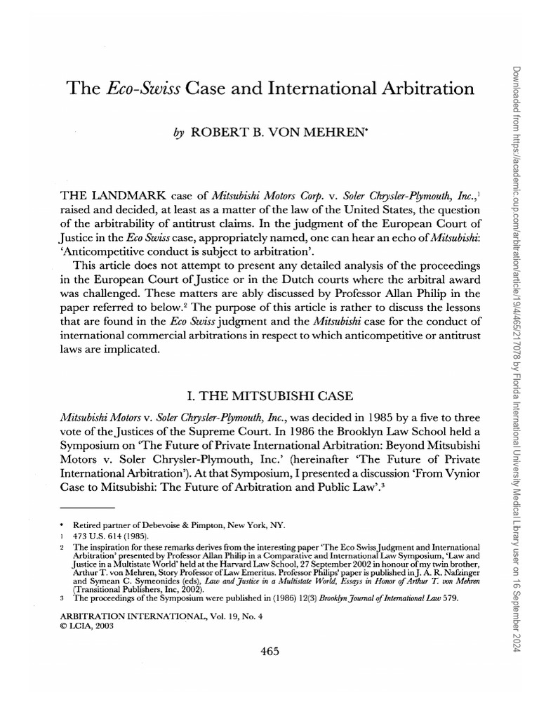 Von Mehren Eco Swiss Mitsubishi 2003 | PDF | Arbitration | Arbitral ...