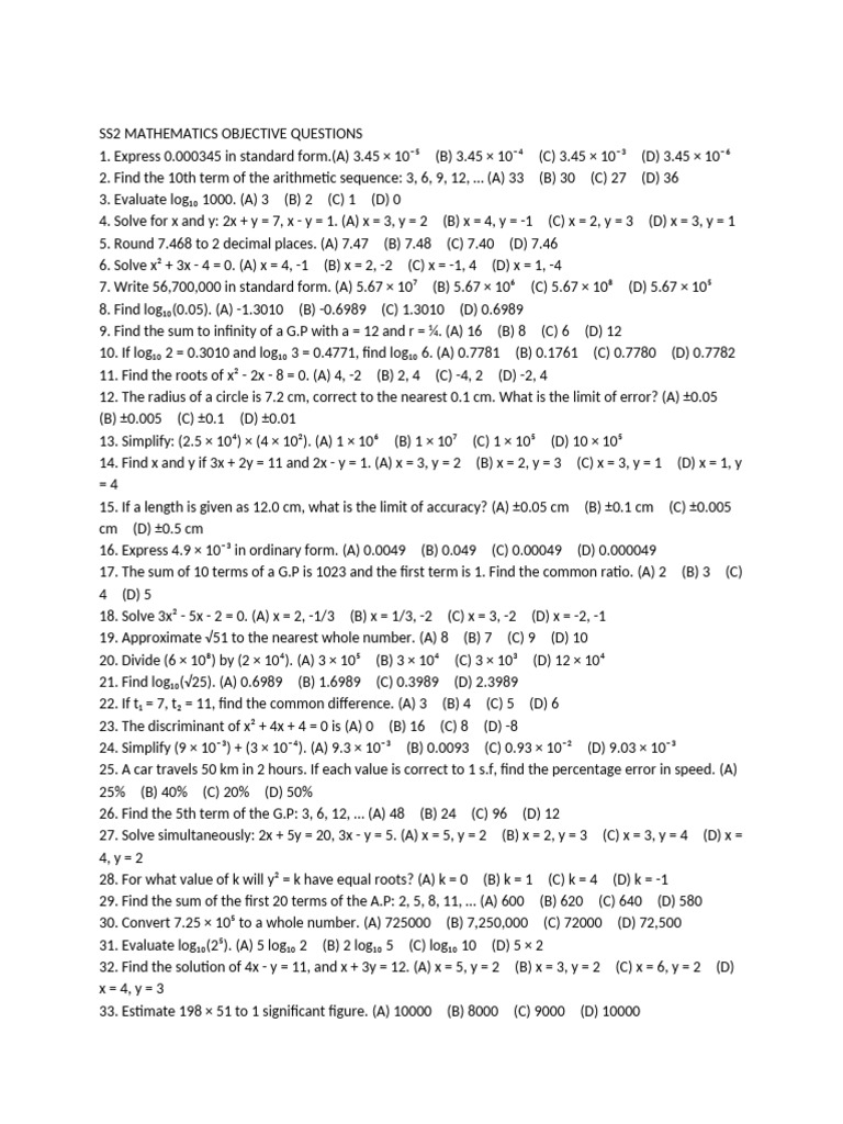 Ss2 Mathematics First Term 2025 | PDF | Quadratic Equation | Numbers