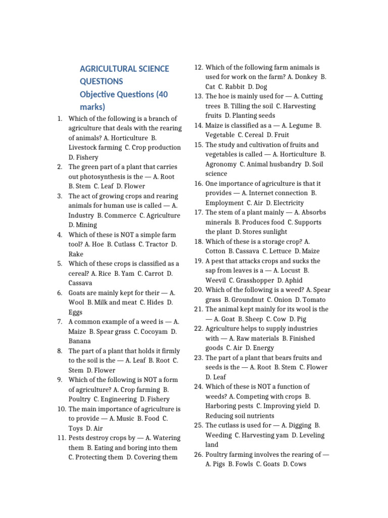 Agricultural Science Quiz Questions | PDF