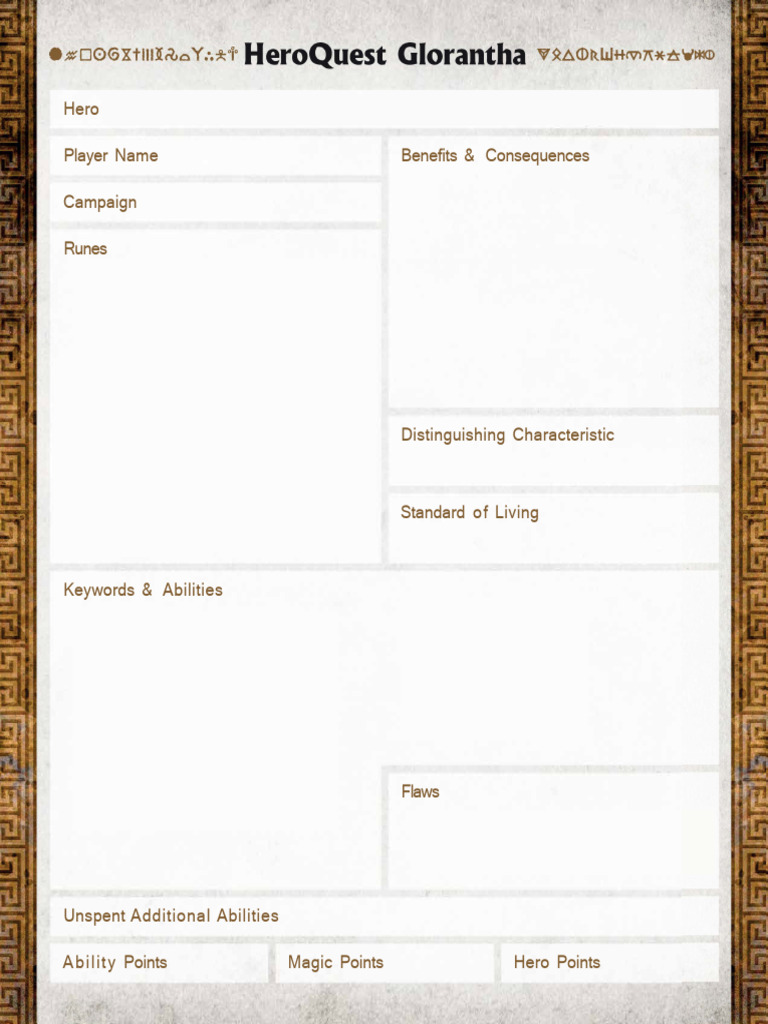 Heroquest Chacacter Sheet, Fillable | PDF