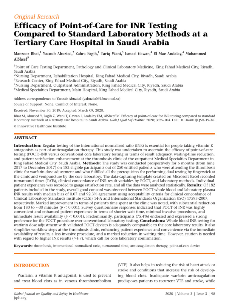 Efficacy of Point-Of-Care For INR Testing Compared To Standard ...