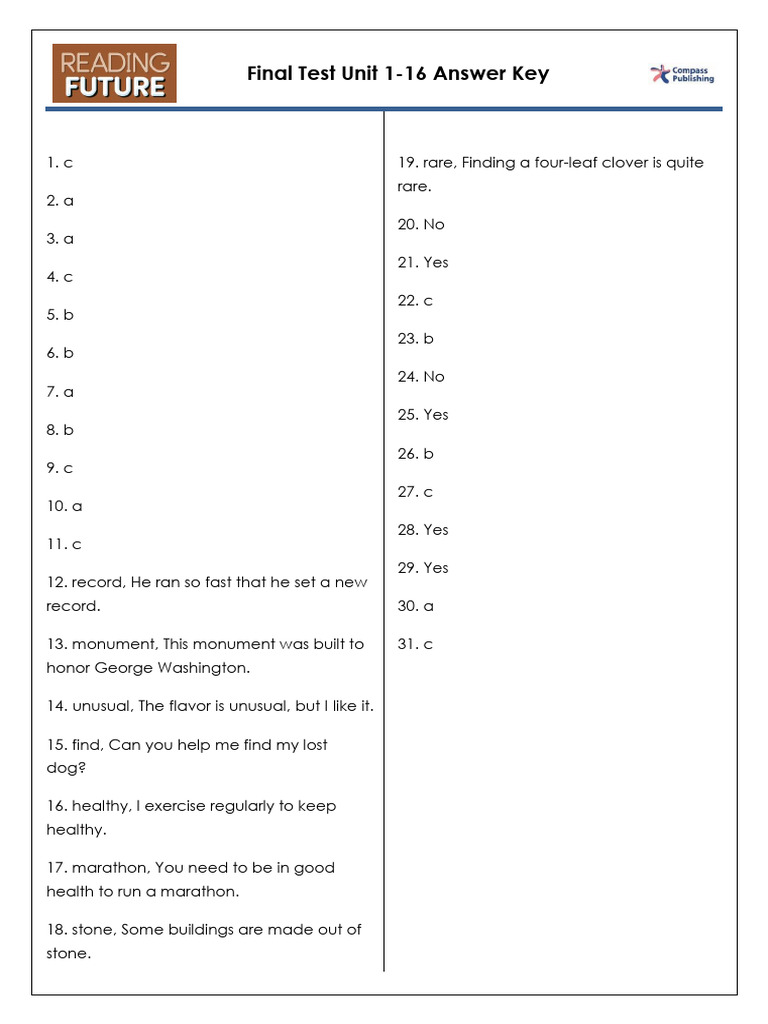 Final Test Unit 1-16 Answer Key | PDF