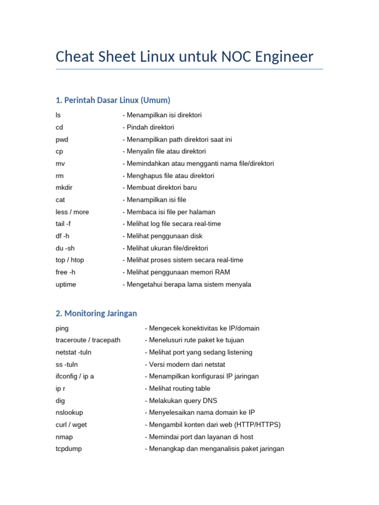 Cheat Sheet Linux untuk NOC Engineer | PDF