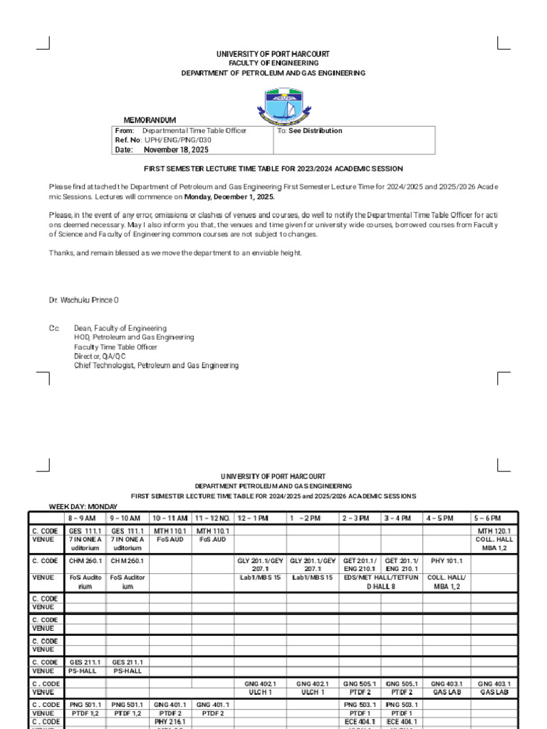 First Semester 2024-2025 and 2025-2026 Lecture Time Table_phoenix | PDF