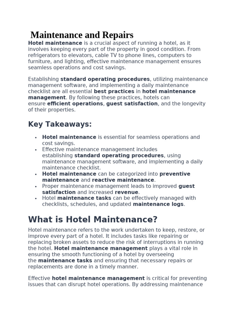 Essential Hotel Maintenance Strategies | PDF
