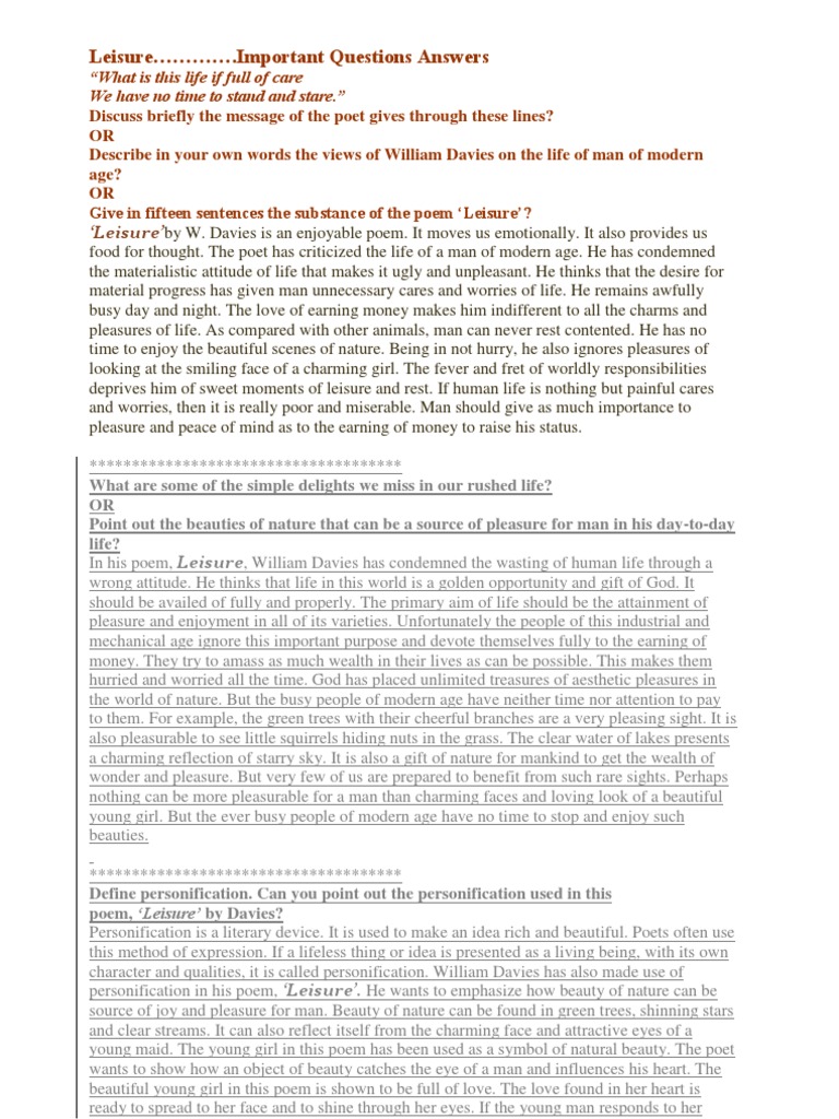 Leisure Quationa and Answers | PDF | Poetry