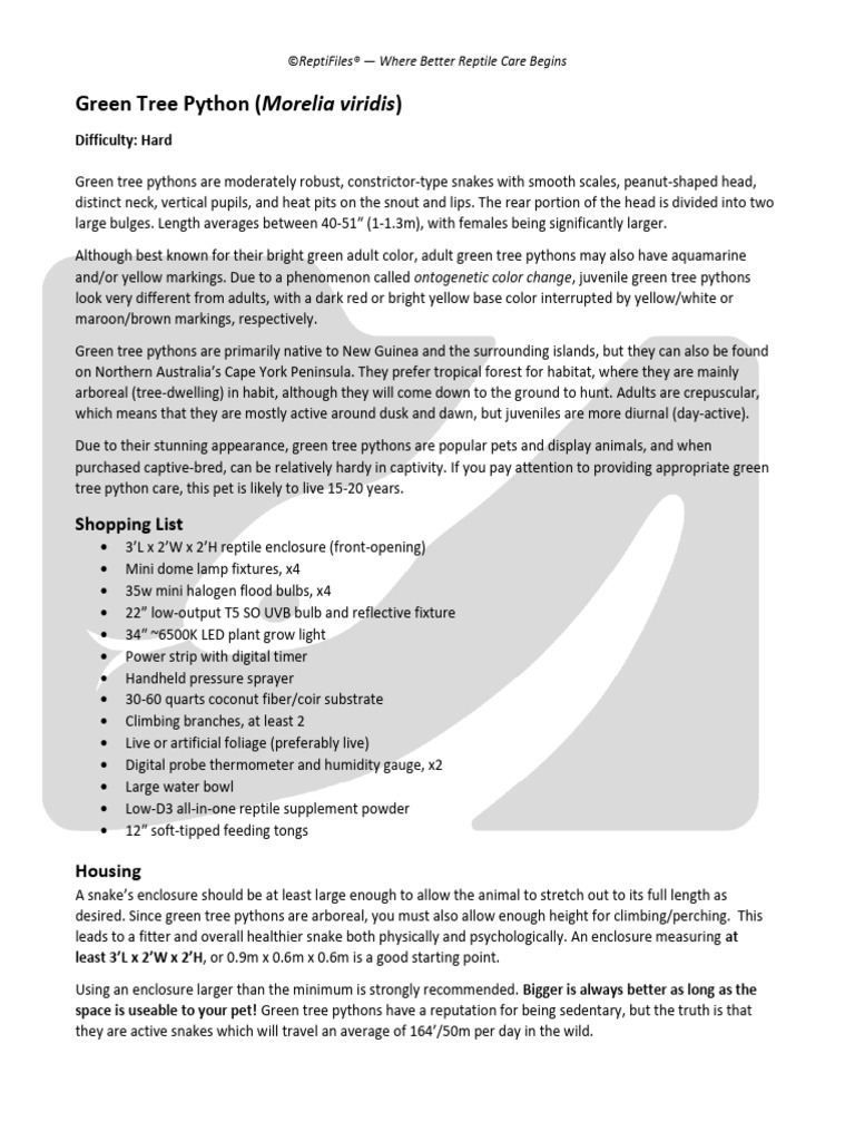 Green Tree Python Care Sheet ReptiFiles PDF | PDF | Ultraviolet | Lighting