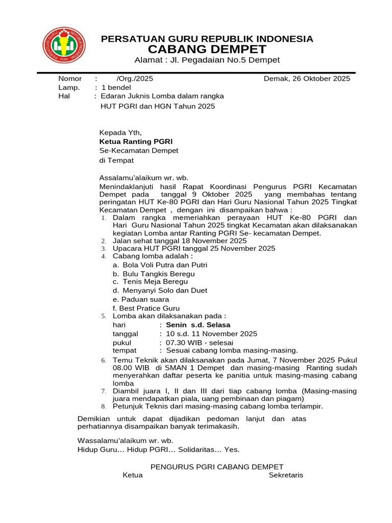 Edaran Lomba HUT PGRI 2025 Dempet | PDF