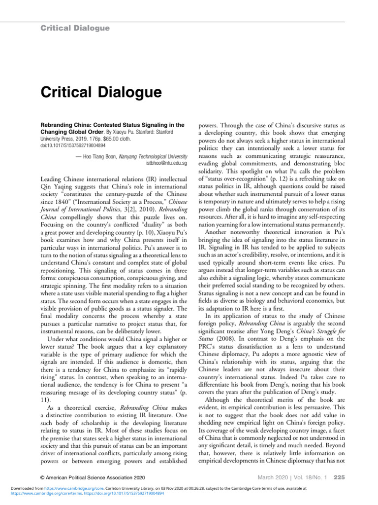 Boon - 2020 - Rebranding China Contested Status Signaling in Th | PDF ...