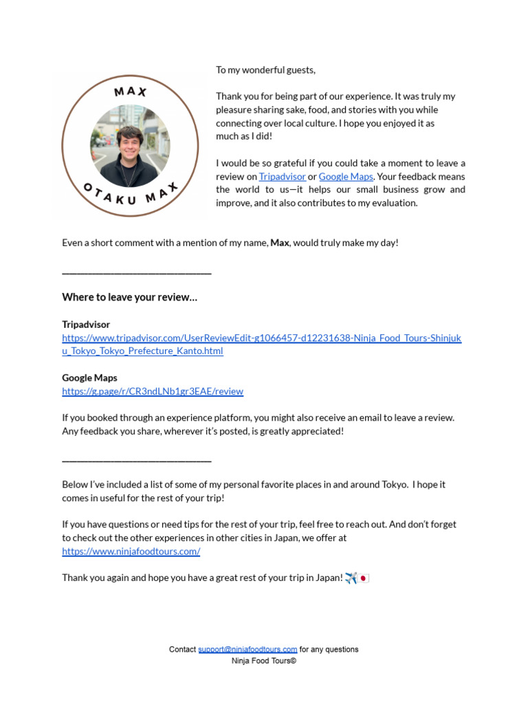 Tokyo Food Tour Review Request | PDF | Ramen | Sushi