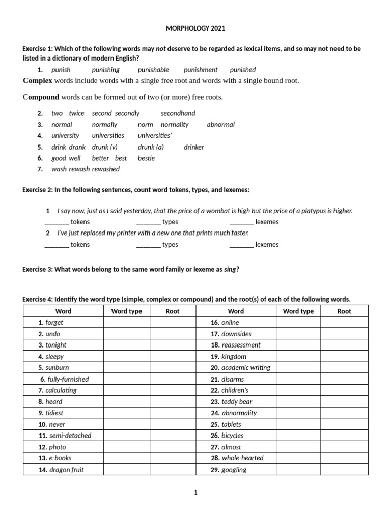 MORPHOLOGY - Practice - Printable (1) | PDF | Word | Morphology ...
