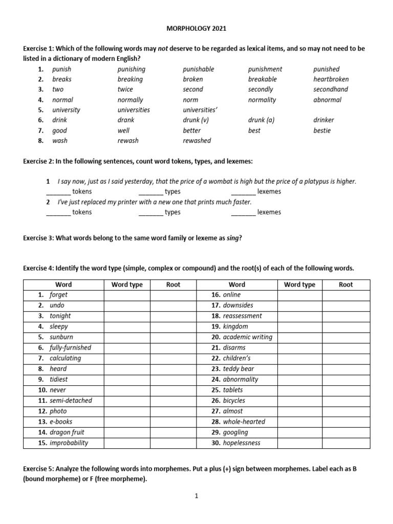 MORPHOLOGY - Practice - Printable | PDF | Word | Linguistic Morphology