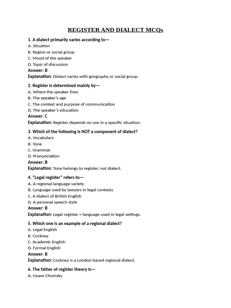 Register and Dialect MCQs Guide | PDF | English Language | Dialect