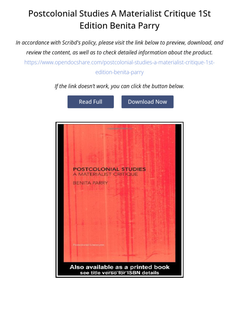 Postcolonial Studies A Materialist Critique 1st Edition Benita Parry ...