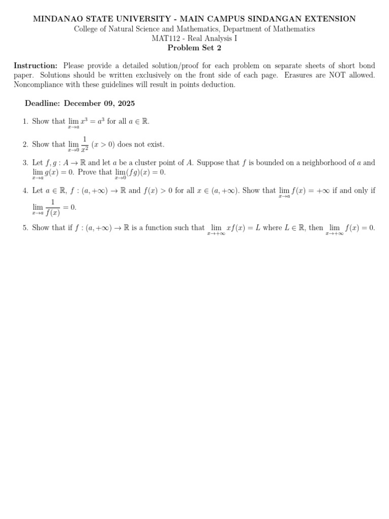 MAT112 Real Analysis I Problem Set 2 | PDF